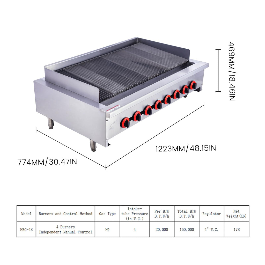 EASYROSE 48" Radiant Gas Charbroiler Countertop Gas Grill with 8 Burne ...